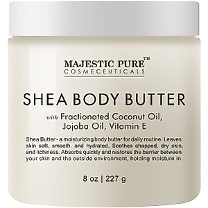 Majestic Pure Shea Body Butter - Intense Hydrating with Fractionated Coconut Oil, Jojoba, and Vitamin E - Moisturize for Dry, and Oily Skin - For All Skin Types - Skin Care for Men and Women - 8 oz