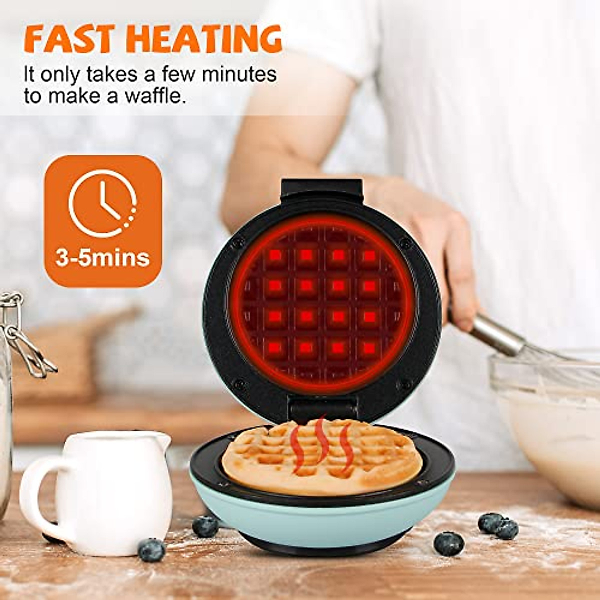 CROWNFUL Mini Waffle Maker Machine, 4 Inch Chaffle Maker with Compact Design, Easy to Clean, Non-Stick Surface, Recipe Guide Included, Perfect for Breakfast, Dessert, Sandwich, or Other Snacks, Green