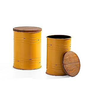 glitzhome Rustic Storage Ottoman Seat Stool, Farmhouse Nesting Table, Galvanized Barrel Metal Accent End Side Table Toy Box Bin with Round Wood Lid Set of 2 for Living Room Furniture, Yellow