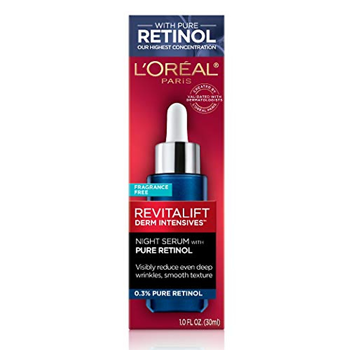 L'Oreal Paris Revitalift 0.3% Pure Retinol Night Serum, to Visibly Reduce Wrinkles, Even Deep Ones, Fragrance Free 1 oz + Moisturizer Sample