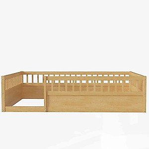 ATY Wooden Full Size Floor Bed with Fence, Wood Slat Support Bedframe for Kids, Toddlers, Easy Assemble & Space Saving Design, Natural