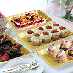 Yumchikel Hard Plastic Serving Tray Set, Gold Serving Trays in Scalloped Design, Serving Platters and Trays for Parties, Weddings, Engagements, Disposable Trays for Cakes & Deserts, 9" x 13", 4 Pack