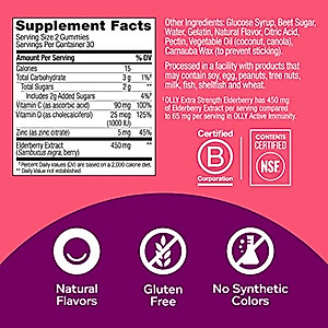 OLLY Extra Strength Elderberry Gummies, Immune Support, 450mg Elderberry, Vitamin C, D and Zinc, Berry - 60 Count