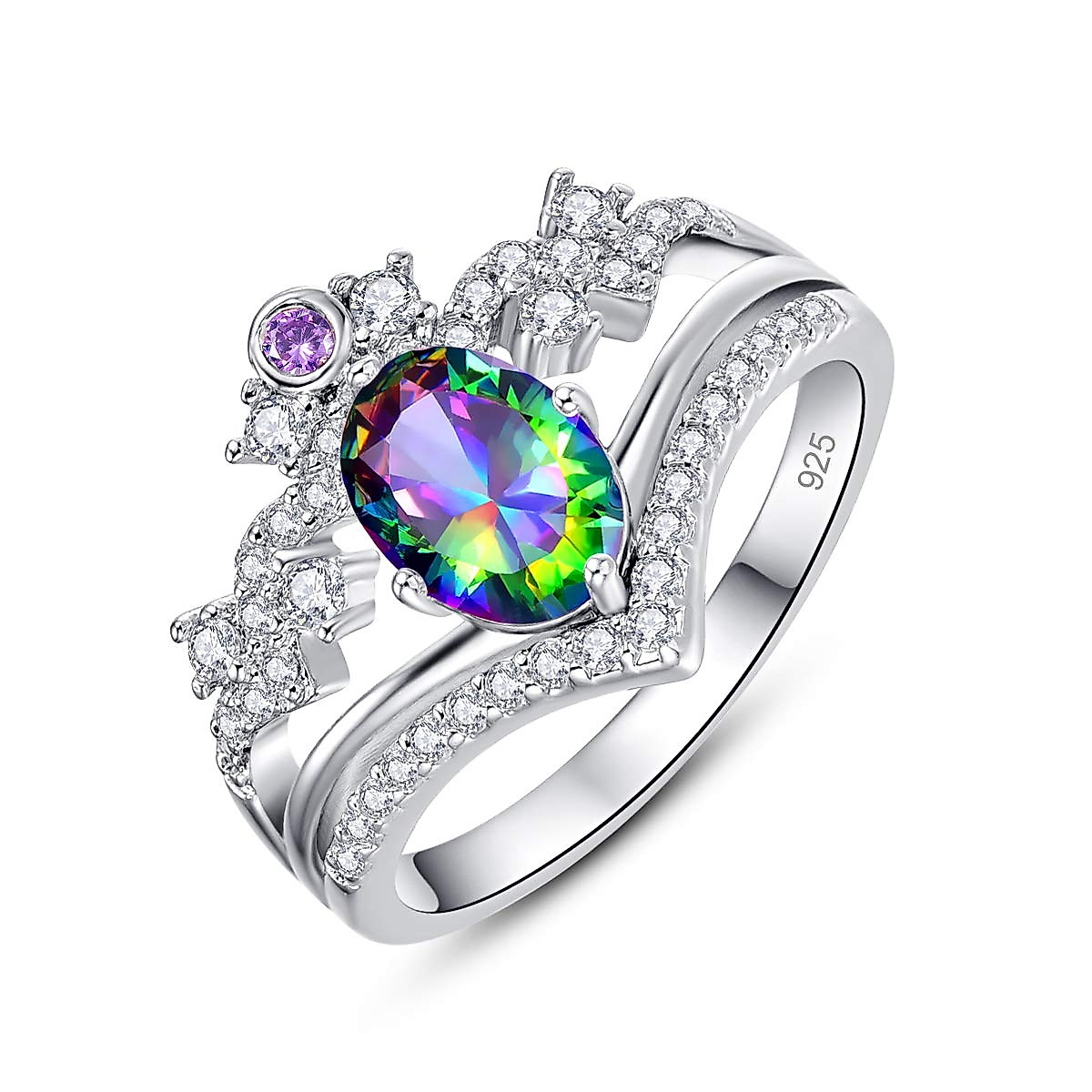 Narica Silver Plated Oval Cut Created Rainbow Topaz CZ Cubic Zirconia Filled Eternity Halo Cocktail Party Wedding Engagement Statement Band Elegant Women's Crown Ring for Mom Bridal Lover Gift 6#