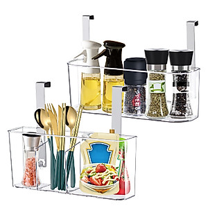 EsLuker.ly 2 Pack Over Cabinet Door Organizer Holder, 2 Styles Plastic Cabinet Storage Basket for Kitchen Pantry Bathroom| Hang Outside or Inside Door (Single Grid & Three Grids, Clear)