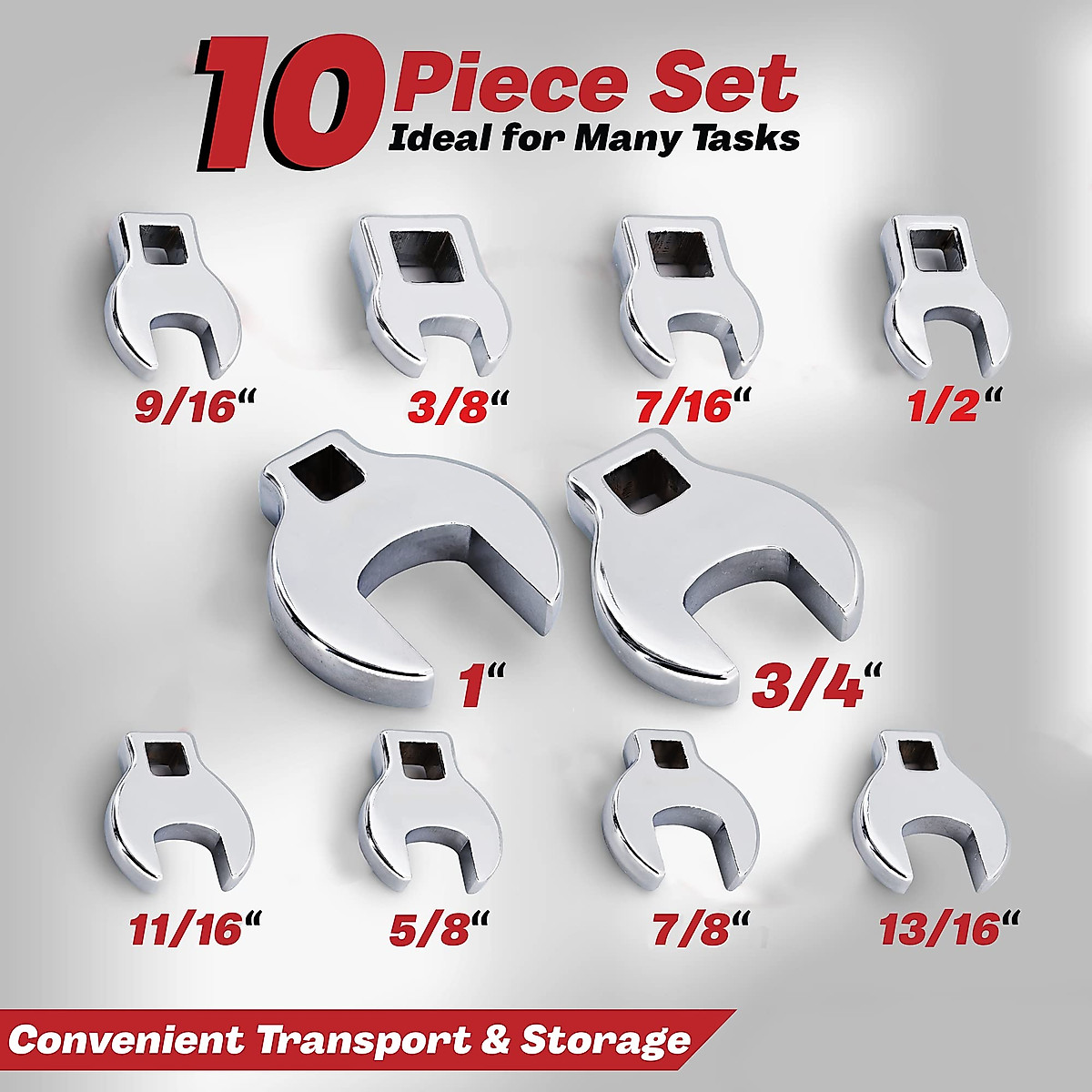 Crows Foot Wrench Set (SAE/Inch) Easily Access Hard-To-Reach Areas, Ideal for Tight Spaces, Great for Automotive Repair Work - Includes Sizes: From 3/8" to 1 Inch - 10-Piece Kit With Clip-on Organizer