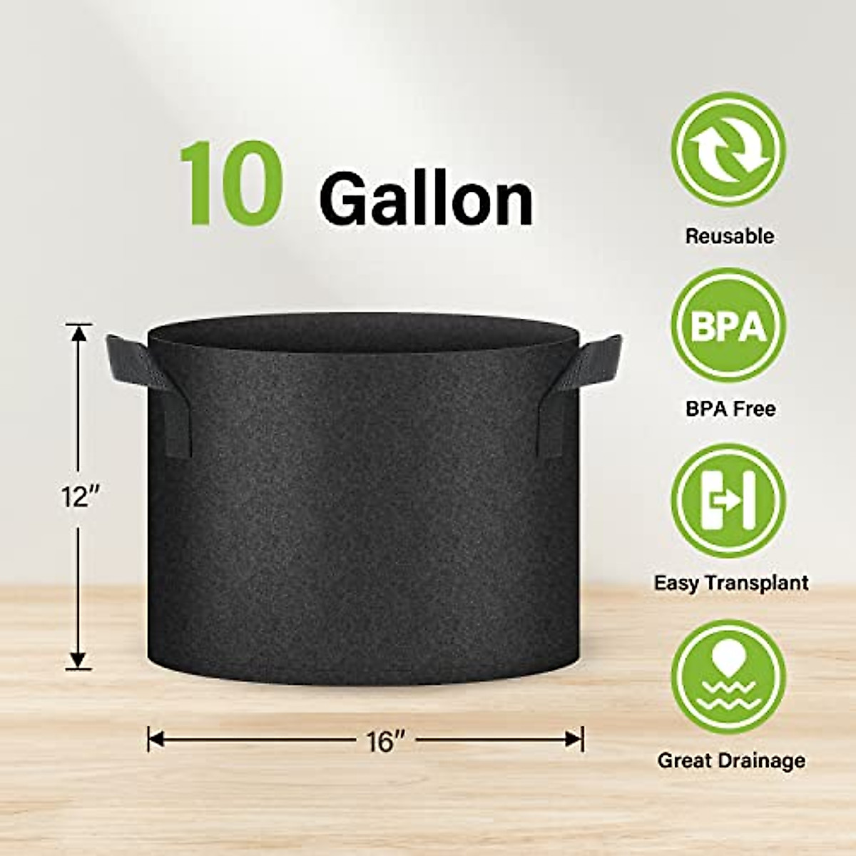 iPower 5-Pack 10 Gallon Plant Grow Bags Thickened Nonwoven Aeration Fabric Pots Heavy Duty Durable Container, Strap Handles for Garden, Black 5-Pack 10 Gallon Plant Grow Bags
