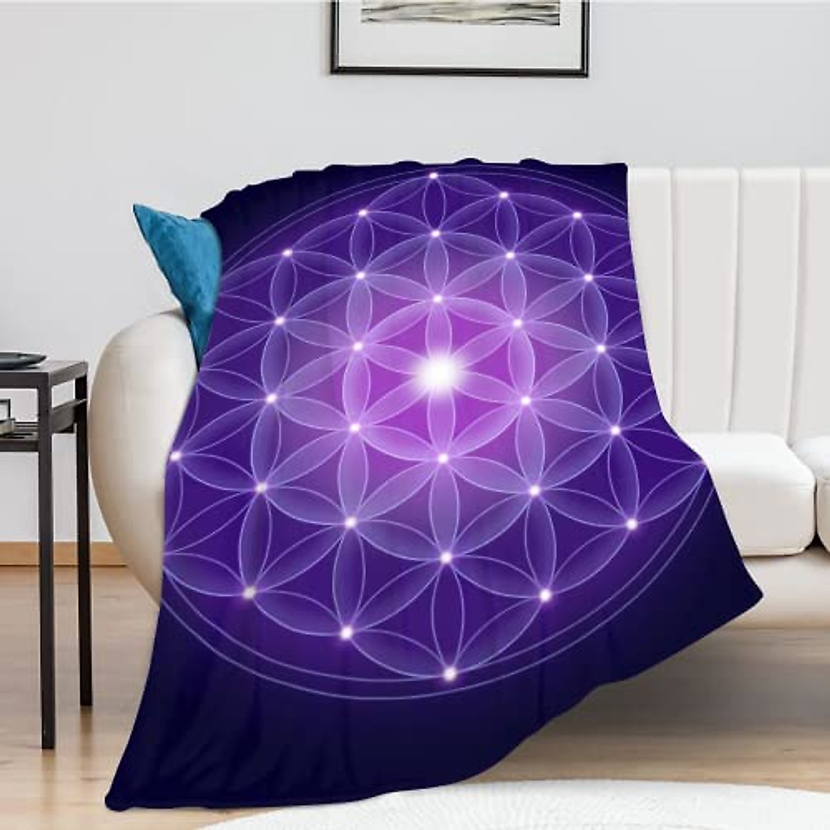 Flannel Blanket,Sheet Blanket,Flower of Life with Stars Spiritual Symbol Sacred Geometry Ancient,Soft Cozy Lightweight Fluffy Fleece Throw,60x80 Inch