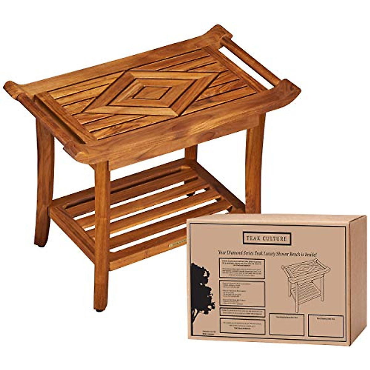 Luxury Teak Shower Bench Stool Seat Chair with Leveling Feet, Waterproof, Teak Oil Finish, Large, 25x19x14, for Bathroom, Spa, Sauna, Pool Deck, Patio, Garden, RV, from Our Diamond Collection