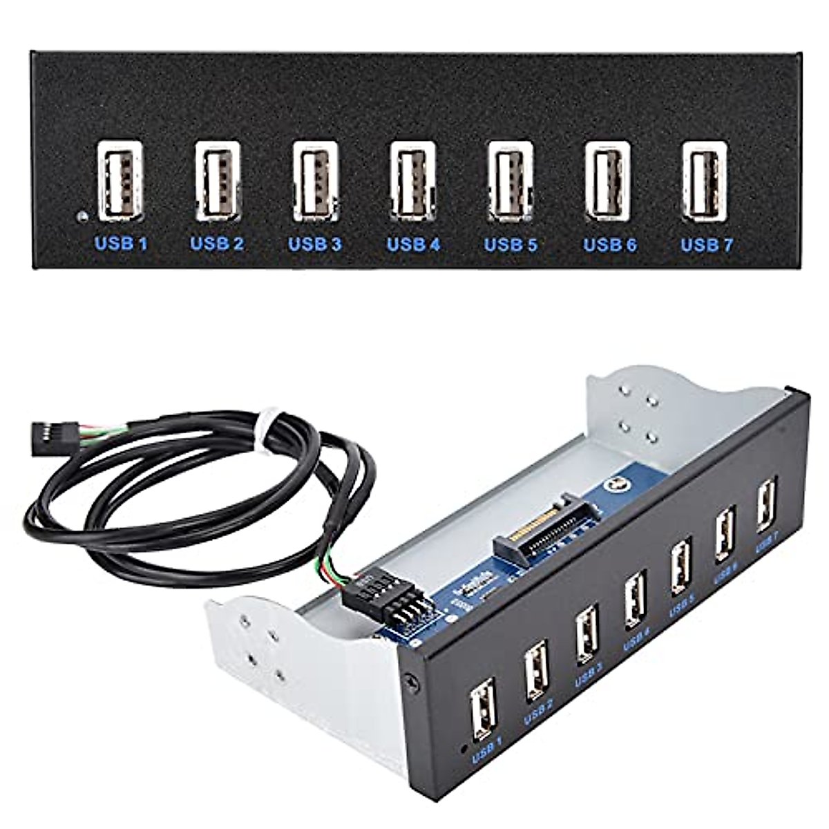7 Port USB Hub Drive Bay,USB Hub Box Panel,USB2.0 Lossless Data Transmission USB Hub Drive Panel with 9pin-9pin Cable,Front Panel Hub for Scanner, Typewriter, Digital Camera