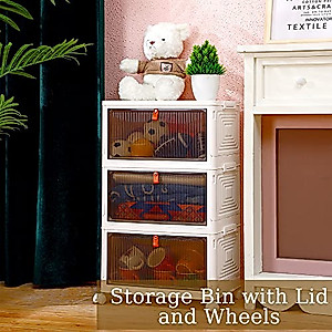 2 Pack Plastic Storage Bins Stackable Storage Bins with Wheels White 3 Tier Storage Containers Organizer Collapsible Storage Bins Cart Storage Box Totes for Toys Snacks Books