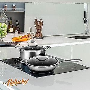 NutriChef 12" Stainless Steel Durable Wok - Triply Kitchenware with Glass Lid, Side Handle - DAKIN Etching Non-Stick Coating, Scratch-resistant Raised-up Honeycomb Fire Textured Pattern - NCS3PWOK