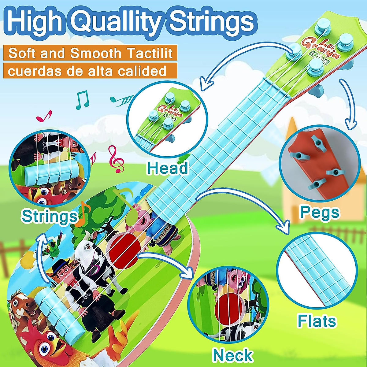 La Granja de Zenon 15" Inch Kids Ukulele Guitar Toys with 4 Strings Keep Tones,Kids Ukulele for Beginner,Mini Ukulele Guitar Musical Instruments Educational Learning Toys for Toddler 1-3 Year Old Kids