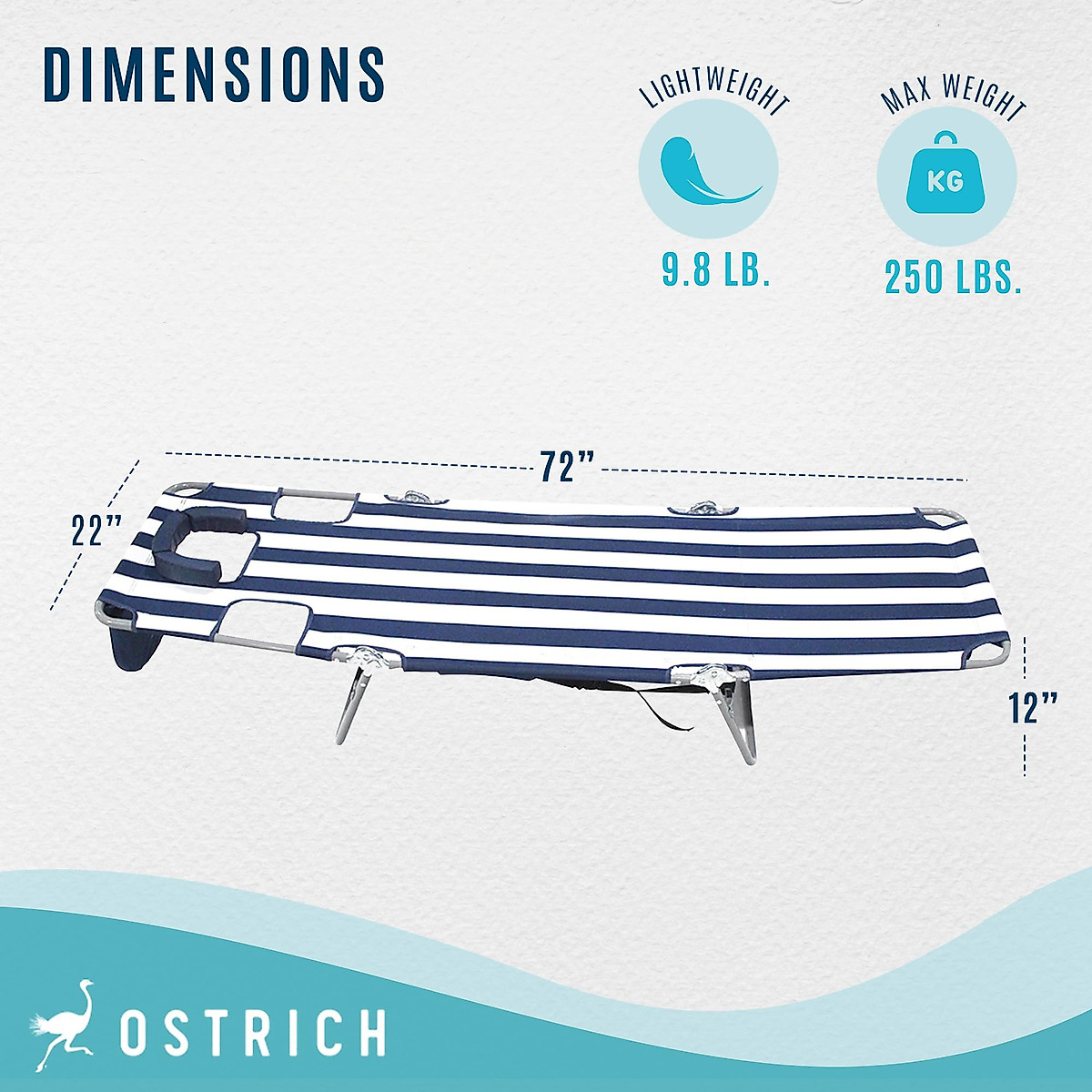 Ostrich Backpack Chaise Folding Lounge Chair w/4 Adjustable Position, Carrying Straps, Side Pocket and Storage Bag, Navy Stripe (2 Pack)