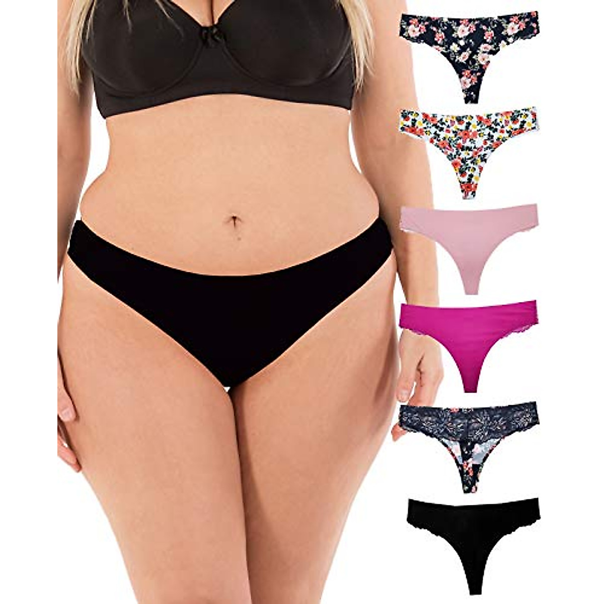 B2BODY Women's Regular & Plus Size Sexy Lace Back Seamless Thong Panties Pack of 6 (4XL, Vintage)