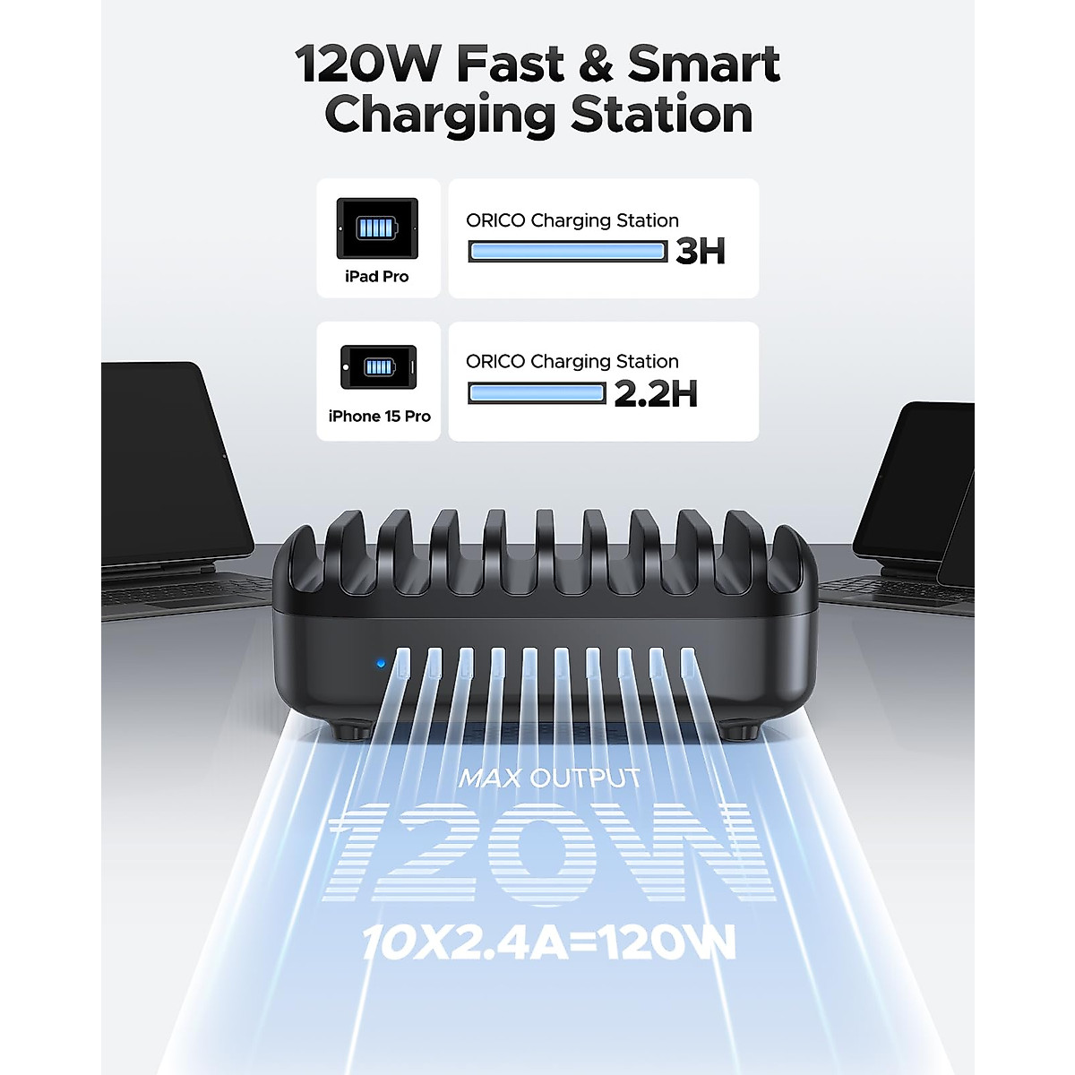 ORICO 120W Charging Station for Multiple Devices, 10-Ports USB Charging Docking Organizer Station, Multi USB Charging Station Compatible with iPad, Tablet, Kindle, Airpods and Cell Phone