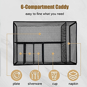 DysanVica Metal Paper Plate Dispenser - Utensil Holder for Kitchen Counter Cabinet Silverware Caddy Cutlery Flatware Organizer Storage Box for Plastic Spoon Fork Plates Napkins Cup Party Camping Black