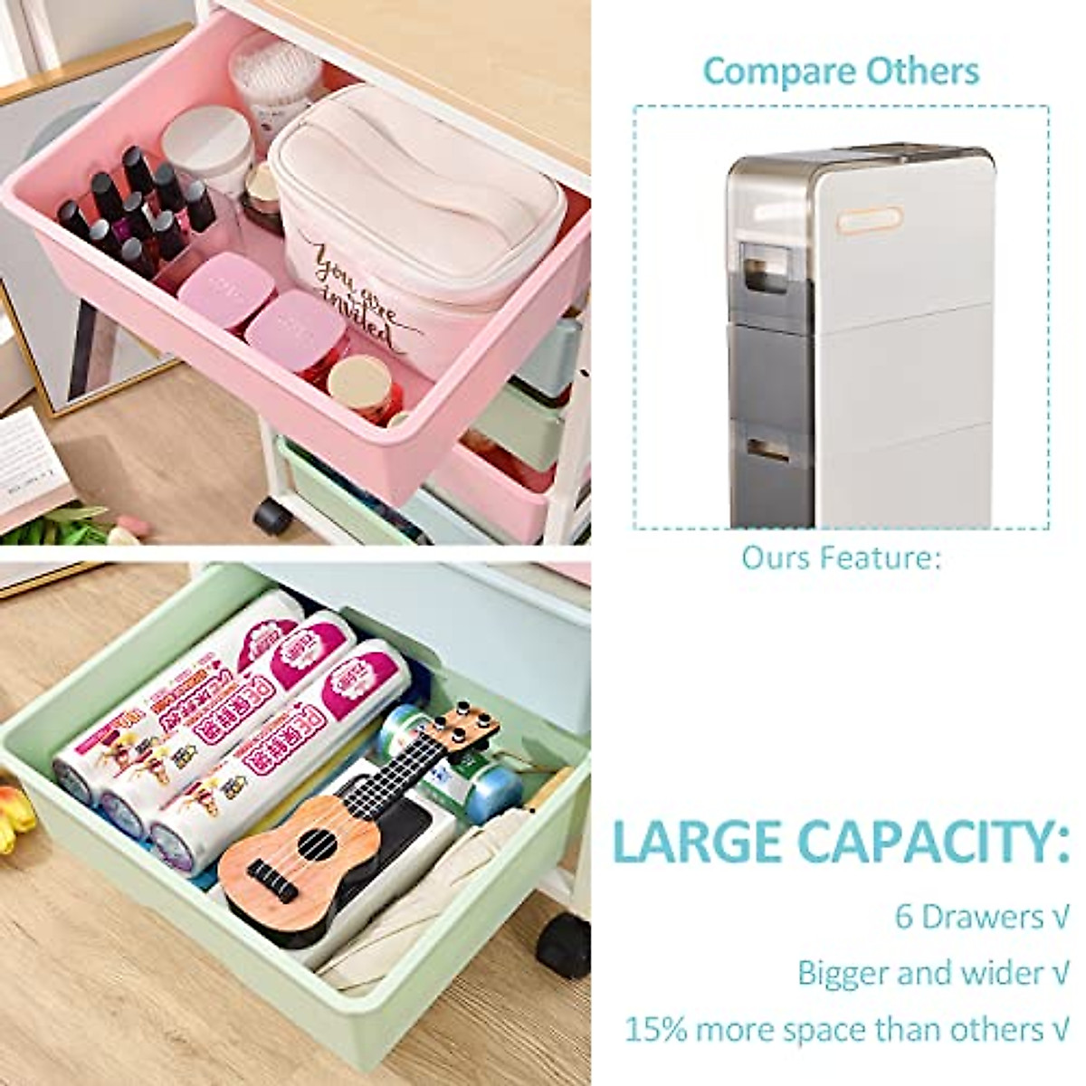 TOOLF Rolling Storage Cart with 6 Drawers, Wooden Tabletop, Easy Movement, Large Capacity, Durable Construction & Colorful Style in White Bar