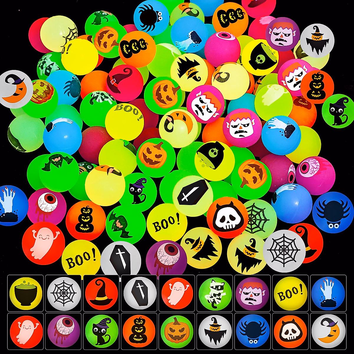 MGparty 90 PCS Halloween Glow in The Dark Bouncy Balls 18 Halloween Theme Designs Bouncing Balls for Kids Girls Boys Halloween Party Favors Supplies Trick or Treating Goodies Bag Gifts Fillers