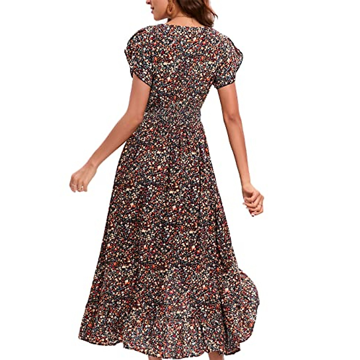 HALCYEEN Floral Printed Wrap Butterfly Sleeve V-Neck Summer Dresses Lace Up High Low Beach Party Midi Dress
