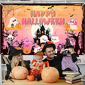 Lecheme Happy Halloween Backdrop Orange Pink Halloween Backdrop for Kids Cute Ghost Pumpkin Spooky Castle Halloween Banner Halloween Photo Booth Background