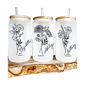 Customized Glass Tumbler with Flower and Name - Personalized Tumbler Set with Straw - Bridal Party Gifts - Bachelorette Party Tumblers - Bamboo Lid Iced Coffee Cup - Bridesamid Gifts