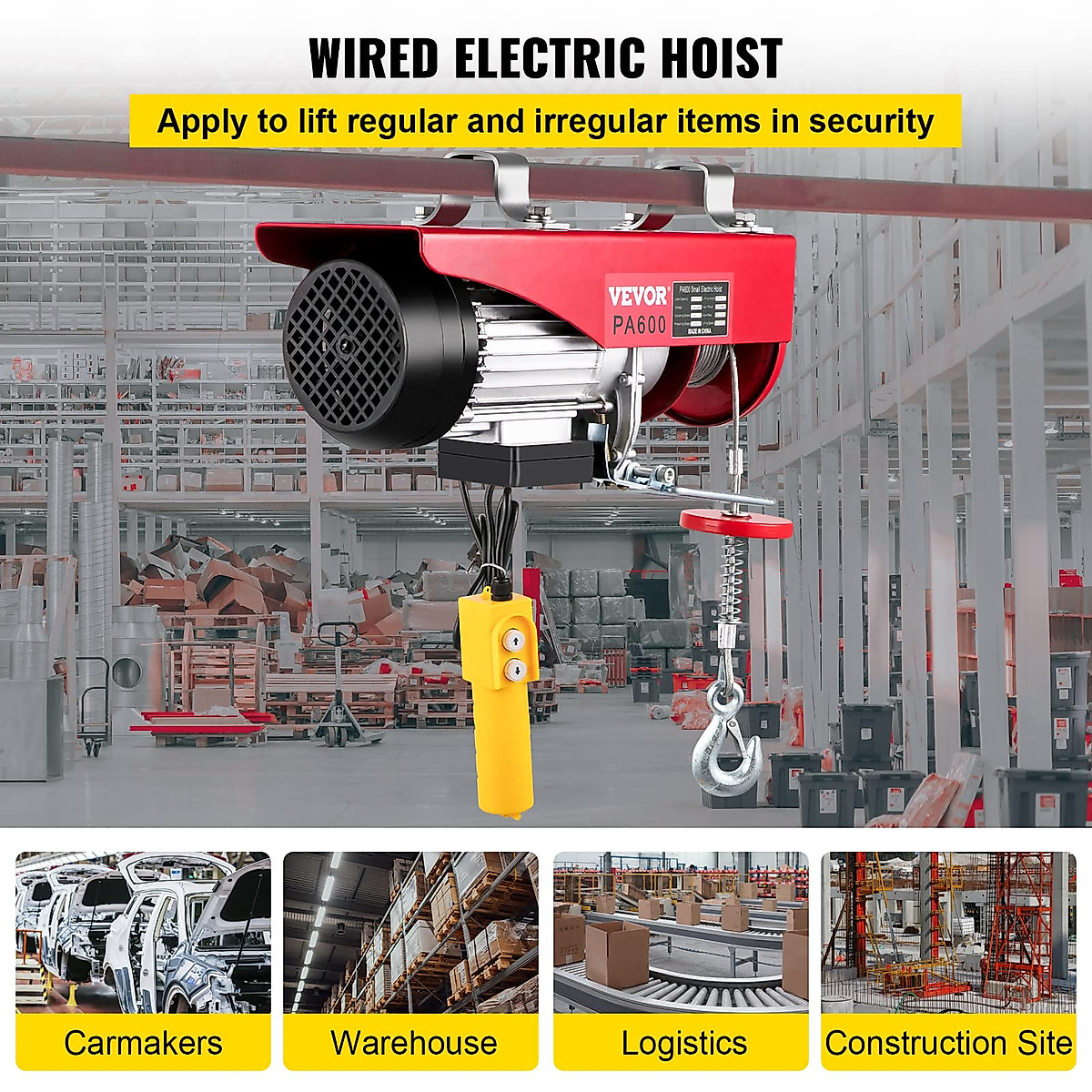 VEVOR Electric Hoist Lift 1320LBS 600KG Overhead Electric Hoist 110V Electric Wire Hoist Remote Control Garage Auto Shop Overhead Lift