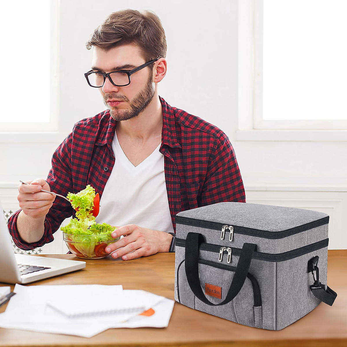 Yerdos Lunch Bag Women Insulated Lunch Box for Men, Light Durable Tote Bag with Adjustable Shoulder Strap for Office Work Picnic Hiking Beach Fishing-(Dark Grey)