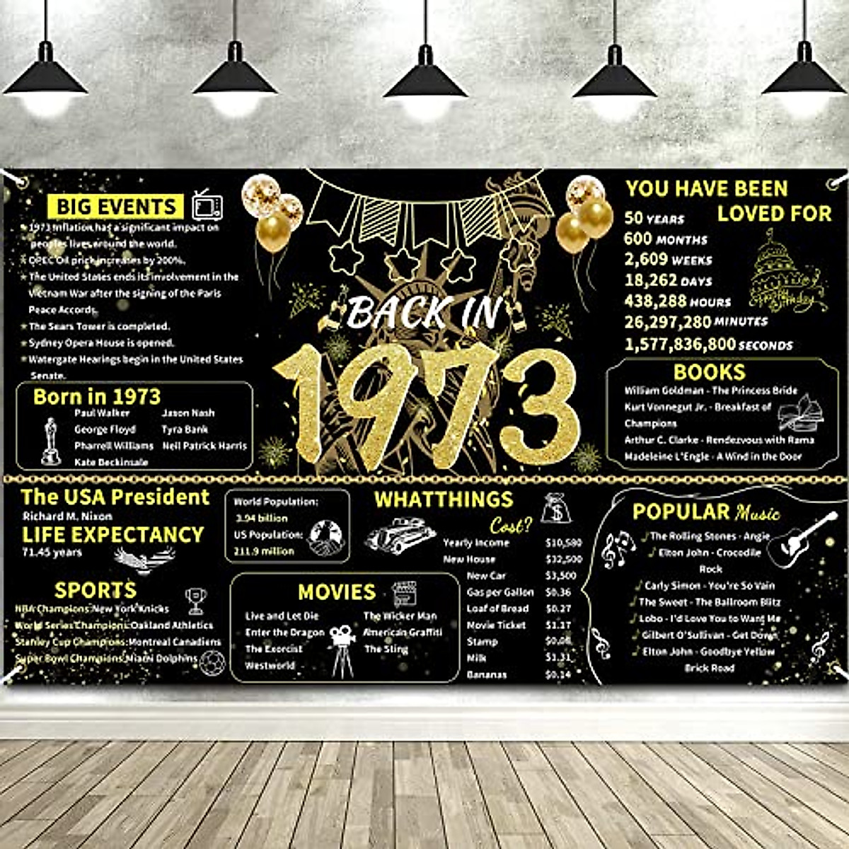 ArtAubrey Black Gold 51th Birthday Party Banner, 51th Birthday Decorations for Women Men, Back in 1973 Backdrop Party Supplies, 51 Year Old Photography Background