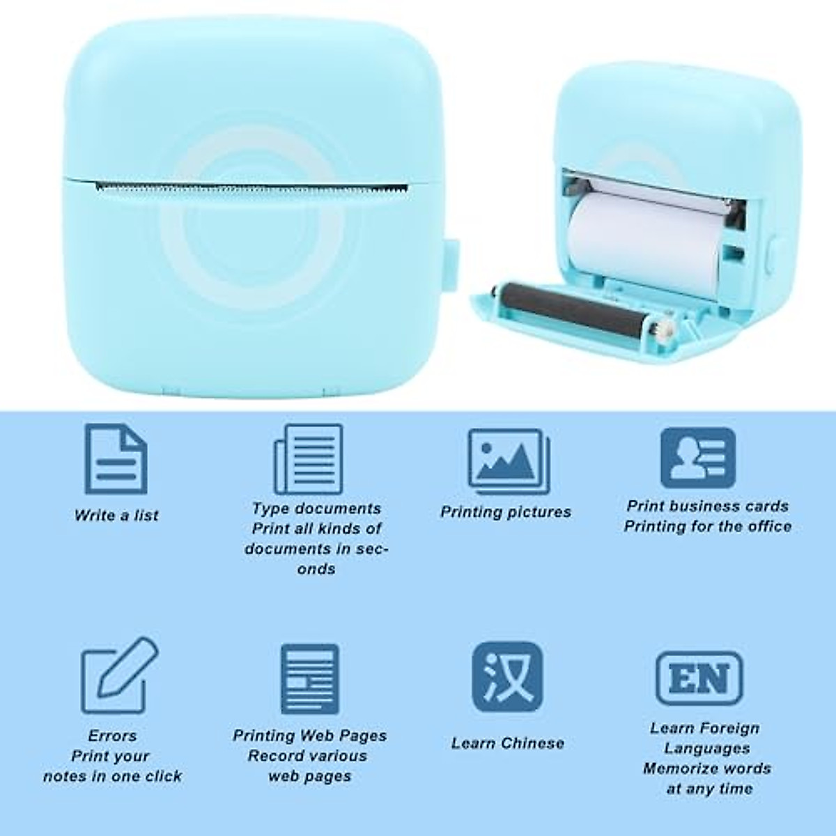 Zunate Mini Pocket Printer, Portable Bluetooth Thermal Printer with APP, Inkless Note Printer Compatible with Android, Receipt Printer for Photo,Journal,Memo,Travel (Sky Blue)