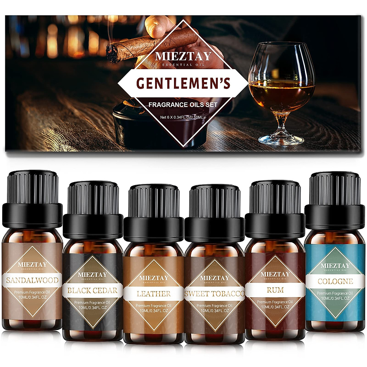 Mens Essential Oils Set - TOP 6 Gentlemen's Fragrance Oil for Diffuser, Candle & Soap Making - Sandalwood, Cologne, Black Cedar, Leather, Sweet Tobacco, Bay Rum Essential Oil Kit for Men (10mL)