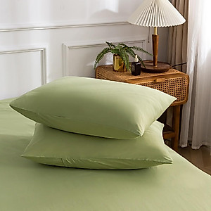 Freiuoke Match Green 100% Cotton Pillowcases Standard Set,2 Pack Envelope Closure Linen Feel Textured Natural, Soft and Durable 20x26 Inch Match Green Pillow Cases