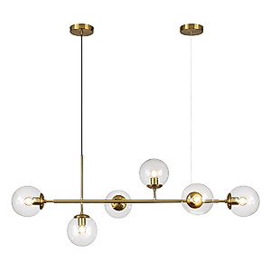 KCO Lighting 6 Light Bubble Chandelier Lighting Clear Glass Globe Chandelier Brass Gold Linear Chandelier Mid Century Modern Pendant Light for Living Room Kitchen Island Dining Room