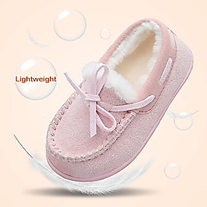 Scurtain Kids Toddler Suede Moccasin Slippers - Lined with Warm Fur, Unisex for Boys & Girls - Pink, Size 6.5