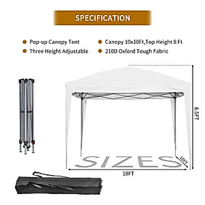 Klismos 10x10 Pop Up Canopy Outdoor Portable Party Beach Tent Instant Gazebo with 4 Removable Sidewalls for Wedding Party (White)