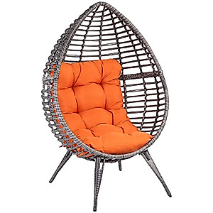 Outsunny Egg Chair w/Soft Cushion, Teardrop Cuddle Seat, Outdoor/Indoor, PE Plastic Rattan Furniture, Adjustable Height, Orange
