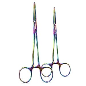 Cynamed Set of 2 Artzone Multi Color Hemostat Forceps with Serrated Jaws, Stainless Steel Rainbow Pliers - 5 inch