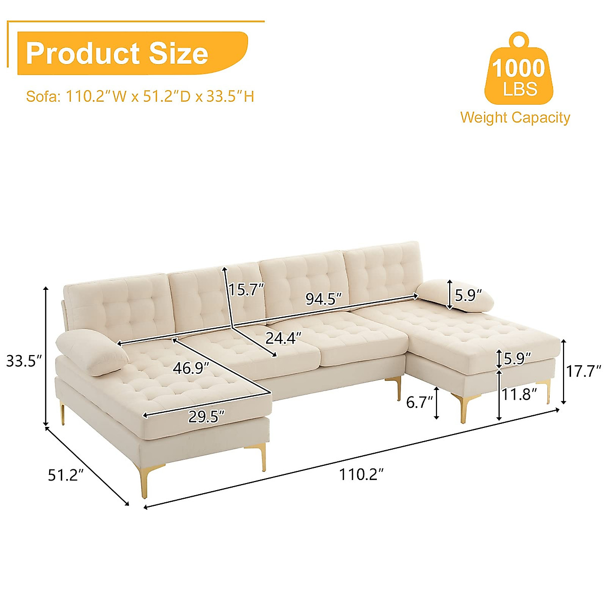 Imseigo 110" Modern Large Reversible Sectional Sofa,Modular Living Room U-Shape 4-Seater Couch with Linen Fabric for Small Space,with Extra Wide Chaise Lounge (U Lattice-Beige)