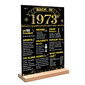 DARUNAXY Black Gold 50th Birthday Gift for Men Back in 1973 Poster Acrylic Table Sign with Stand 50 Year Old Birthday Party Supplies Vintage 1973 Display Holder 50 Birthday Party Decorations for Women