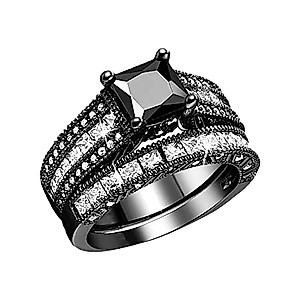 Small Ring Set 2 in 1 Womens Vintage Black Ring Diamond Engagement Wedding Band Ring Set Hi and Low Ring (Black, 11)