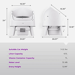 Self Cleaning Cat Litter Box, Open Top Litter Box for Multiple Cats, Automatic Cat Litter Box with Liners and Mat Included, White