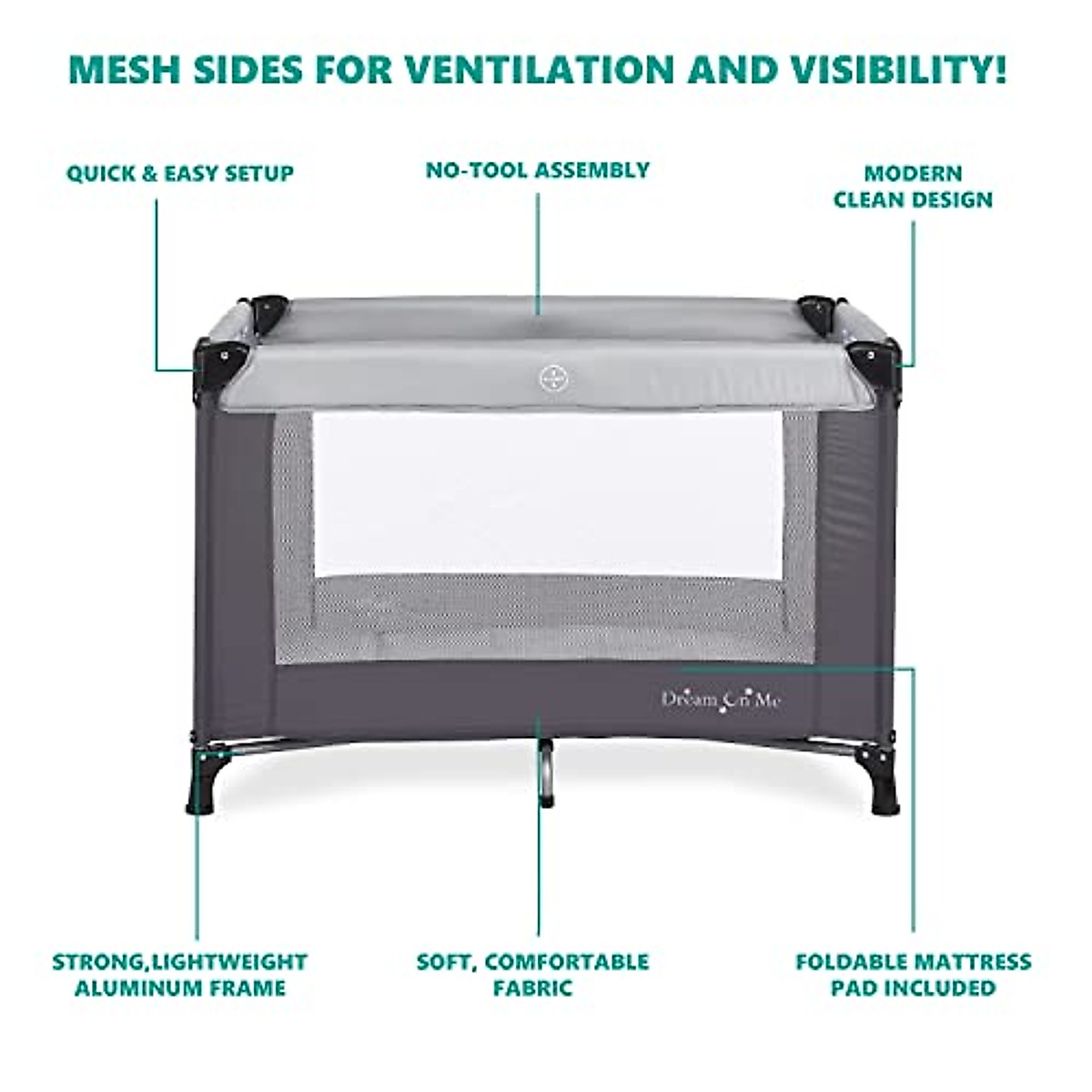 Dream On Me Nest Portable Play Yard With Carry Bag And Shoulder Strap, Grey