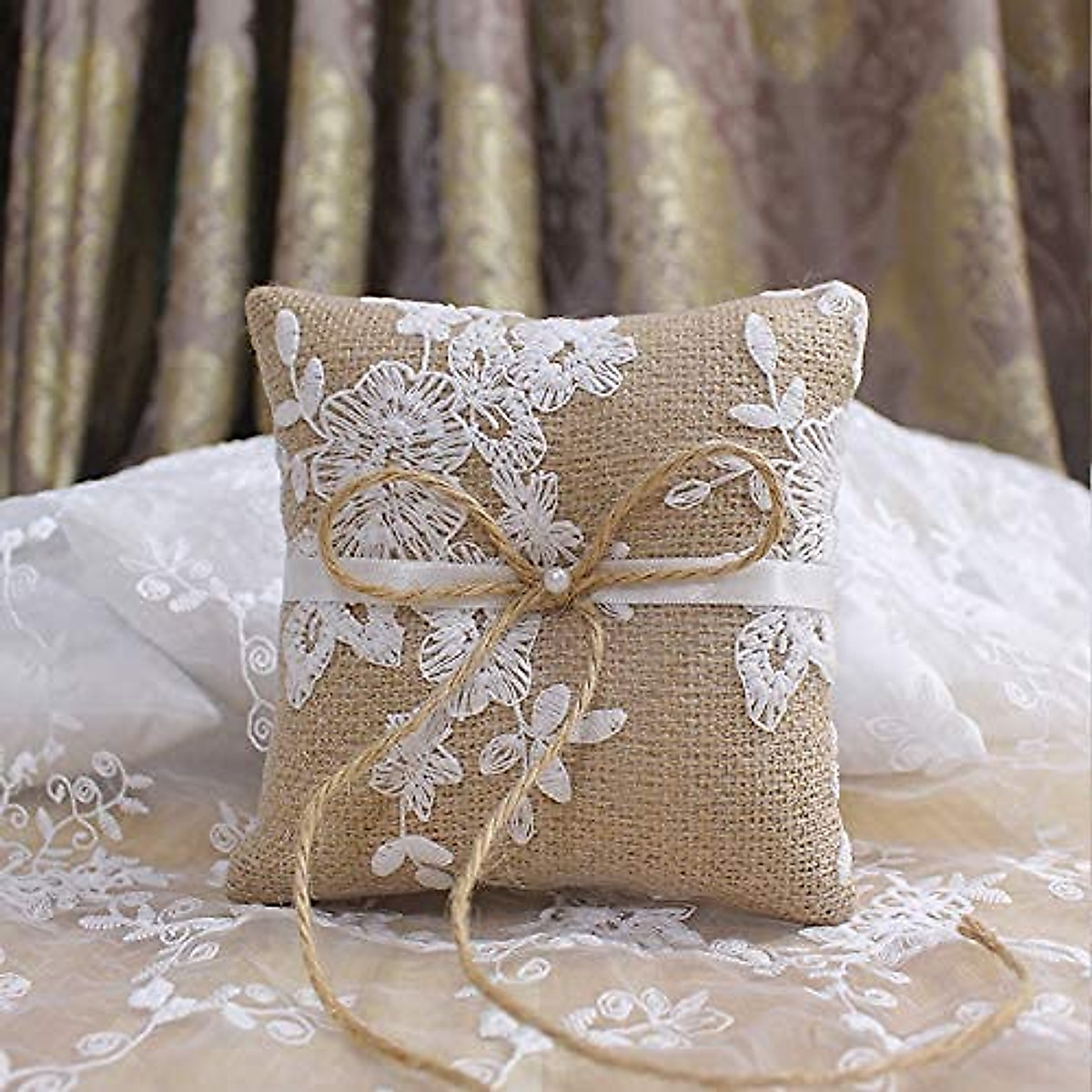 LABJULY Ring Bearer Pillows Lace Bow Flower for Fall Wedding Ceremony with Vintage Rustic Lace Bow Pearl Embroidered Flower Ribbon (6 inch)