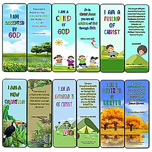 Christian Bookmarks for Kids - Identity in Christ (12 Pack) - Collection of Inspirational Bible Verses About Being Christlike - Church Memory Verse Sunday School Rewards - Christian Stocking Stuffers