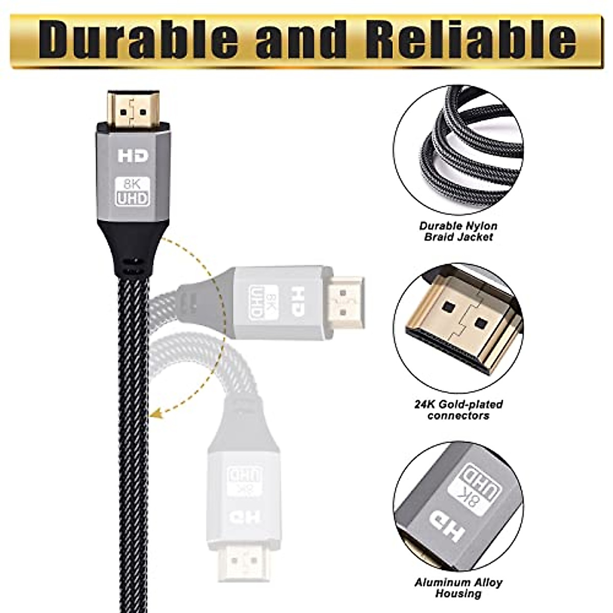 8K HDMI Cable 15 Ft, 2 Pack Ultra High Speed Braided HDMI 2.1 Cord Support 48gbps 8K 60Hz 4K 120Hz 144Hz HDR eARC HDCP 2.2 2.3 for Gaming Compatible with PS4 PS5 Dolby Vision Roku Samsung QLED TV