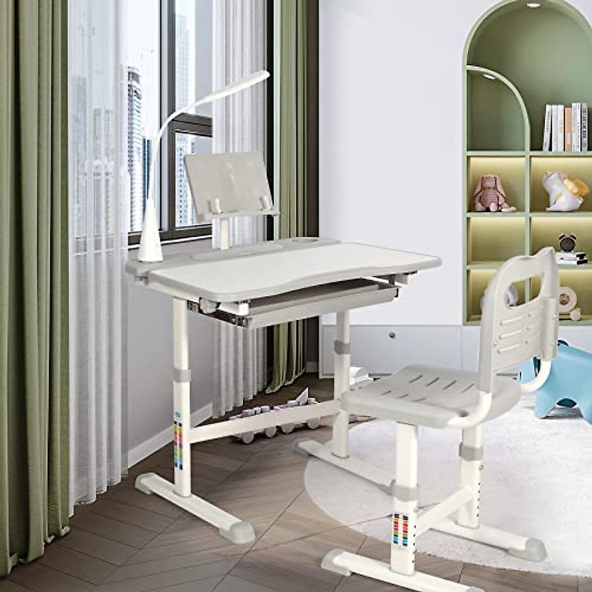 RedSwing Kids Desk and Chair Set, Adjustable Height Children Study Table Chair with Led Light, Bookstand, Portable Kids Desk with Tilted 0-60° Table Top for Age 3-15, Gray