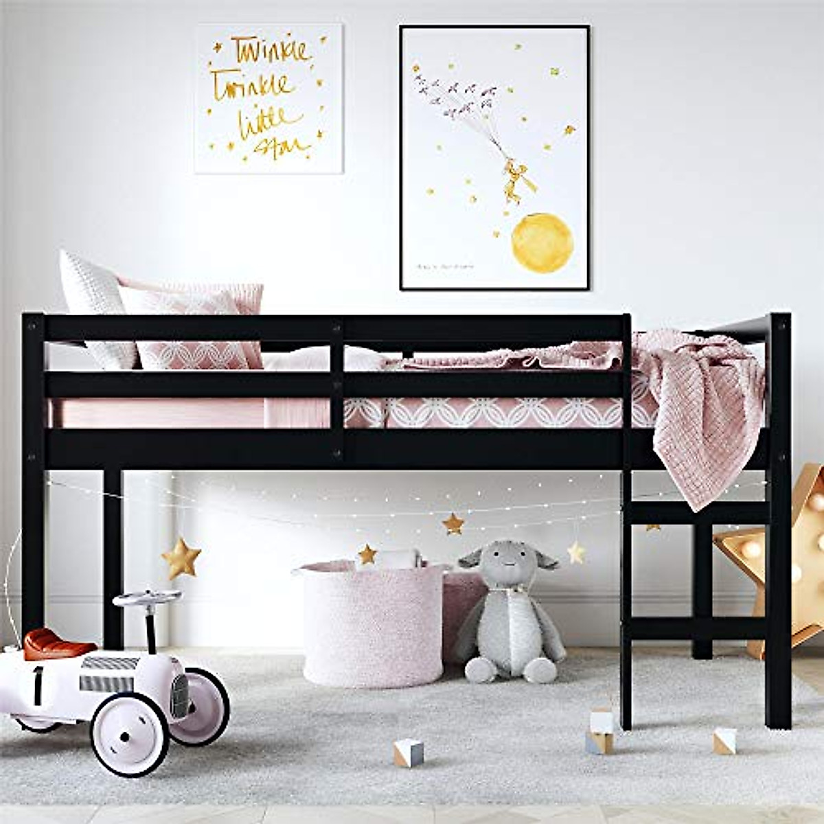 DHP Milton Twin Loft Bed with Safety Guard Rail, Black, Space Saving Junior Size, Pine Wood