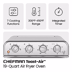 Chefman Air Fryer Toaster Oven Combo, 7-in-1, Convection Oven Countertop Extra Large 19 Quart Oven Air Fryer, Cook a 10-Inch Pizza, 4 Slice Toaster, Integrated Timer, Auto-Shutoff, Stainless Steel