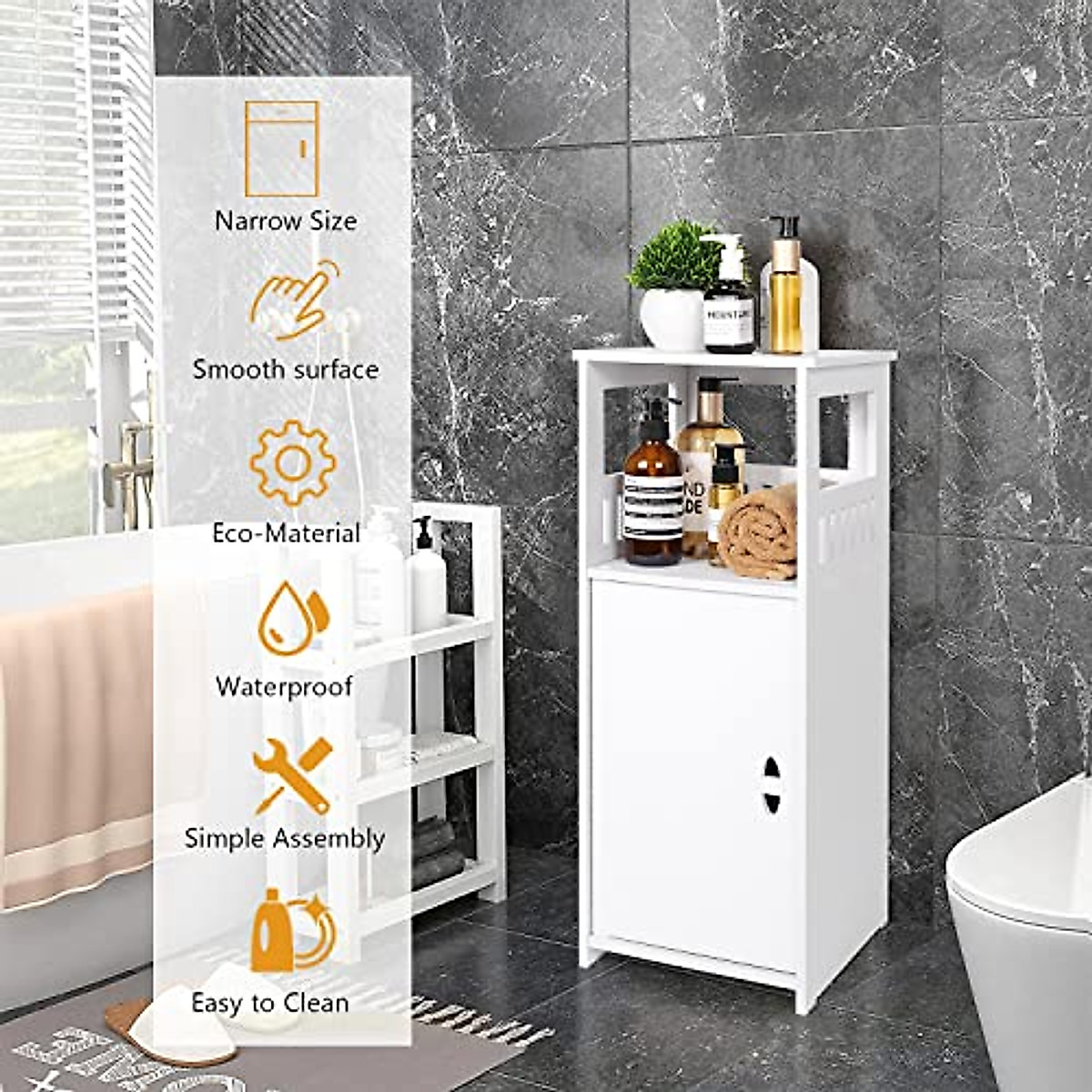 Bathroom Floor Storage Cabinet White,Narrow Space Cabinet with Door and Shelf,Bathroom Furniture Cabinet,Side Organizer Rack Stand Table,Side Table/Nightstand/Side Cabinet for Bedroom Living Room.