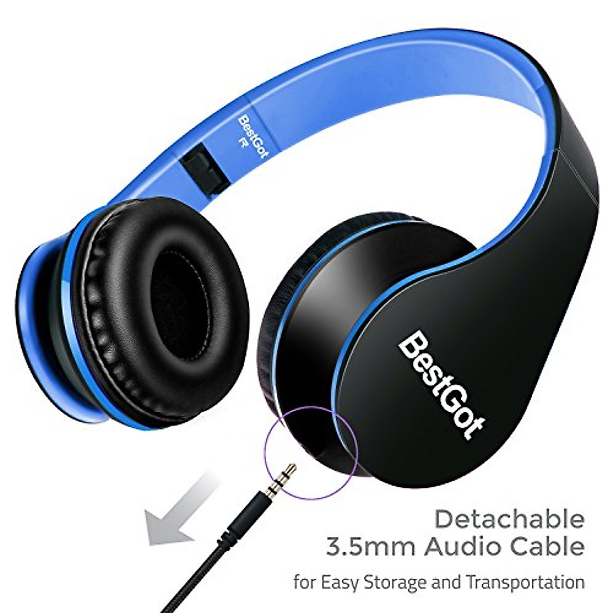BESTGOT BG6002 Wired Kids Headphones for Kids Adults Children Headphones with Microphone Volume Control Foldable Headset with 3.5mm Plug Removable Cord (Black/Blue)